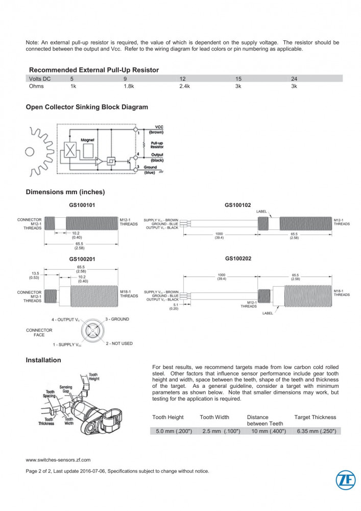 GS1001–GS1002 gear tooth speed sensor technical document, page 2