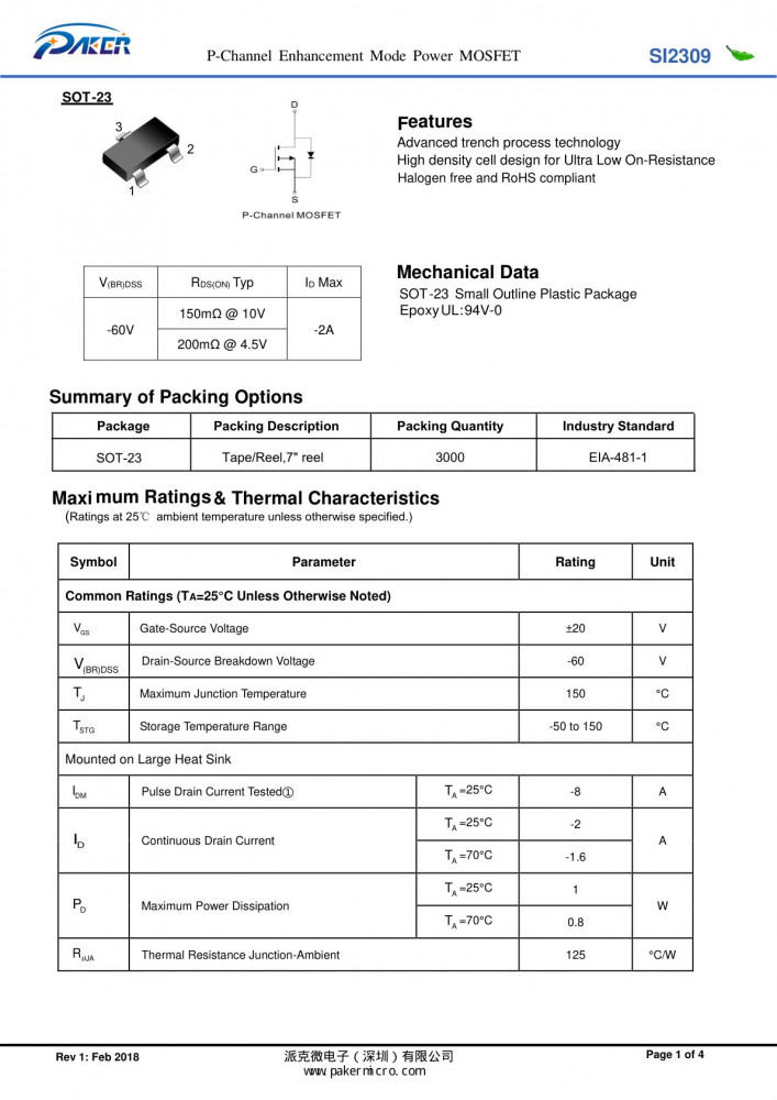 SI2309-K datasheet page 1