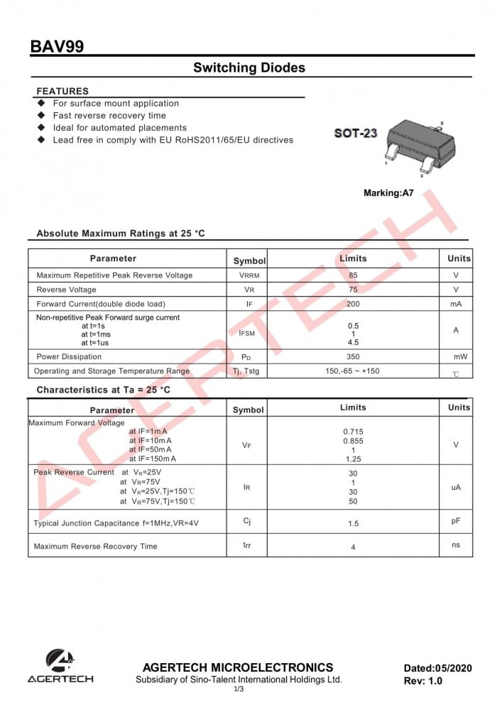 BAV99 datasheet page 1