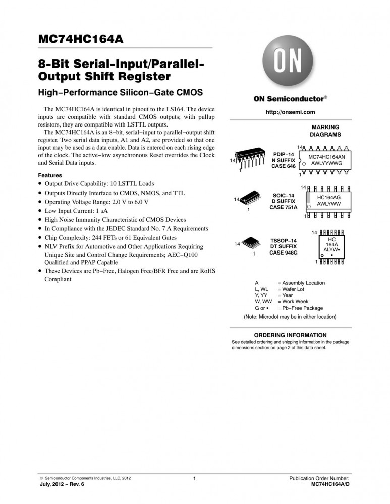 MC74HC164A datasheet page 1
