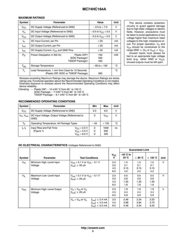 MC74HC164A datasheet page 3