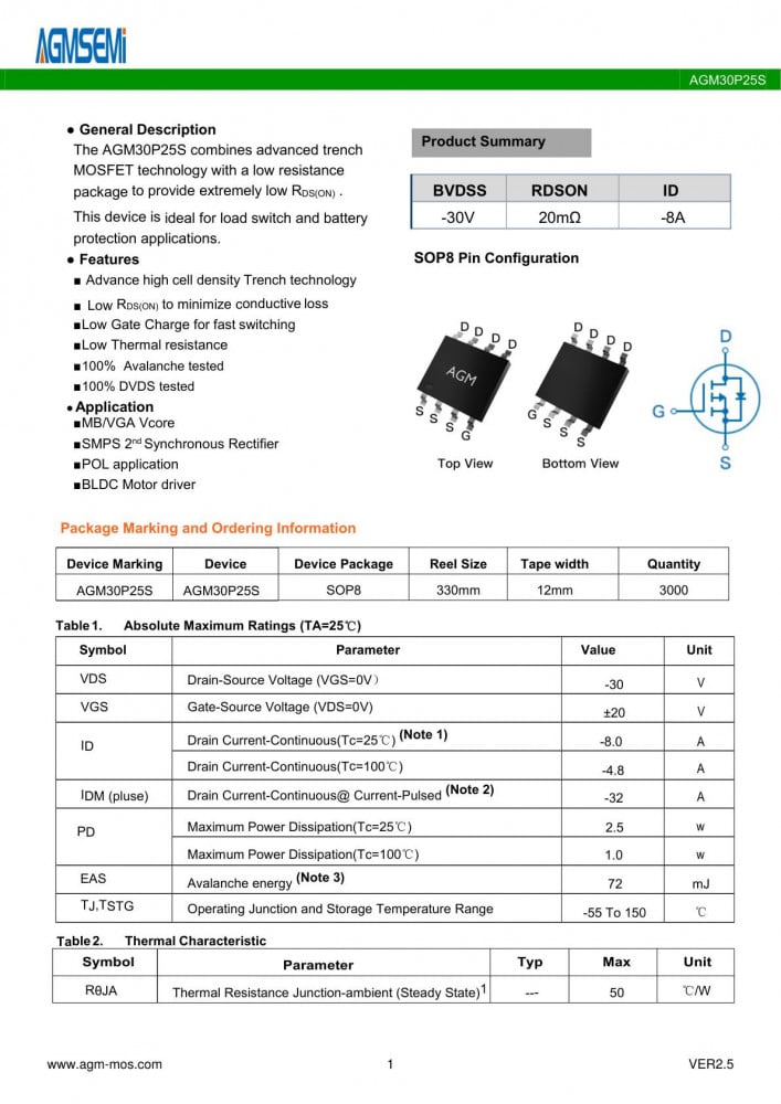 AGM30P25S datasheet page 1