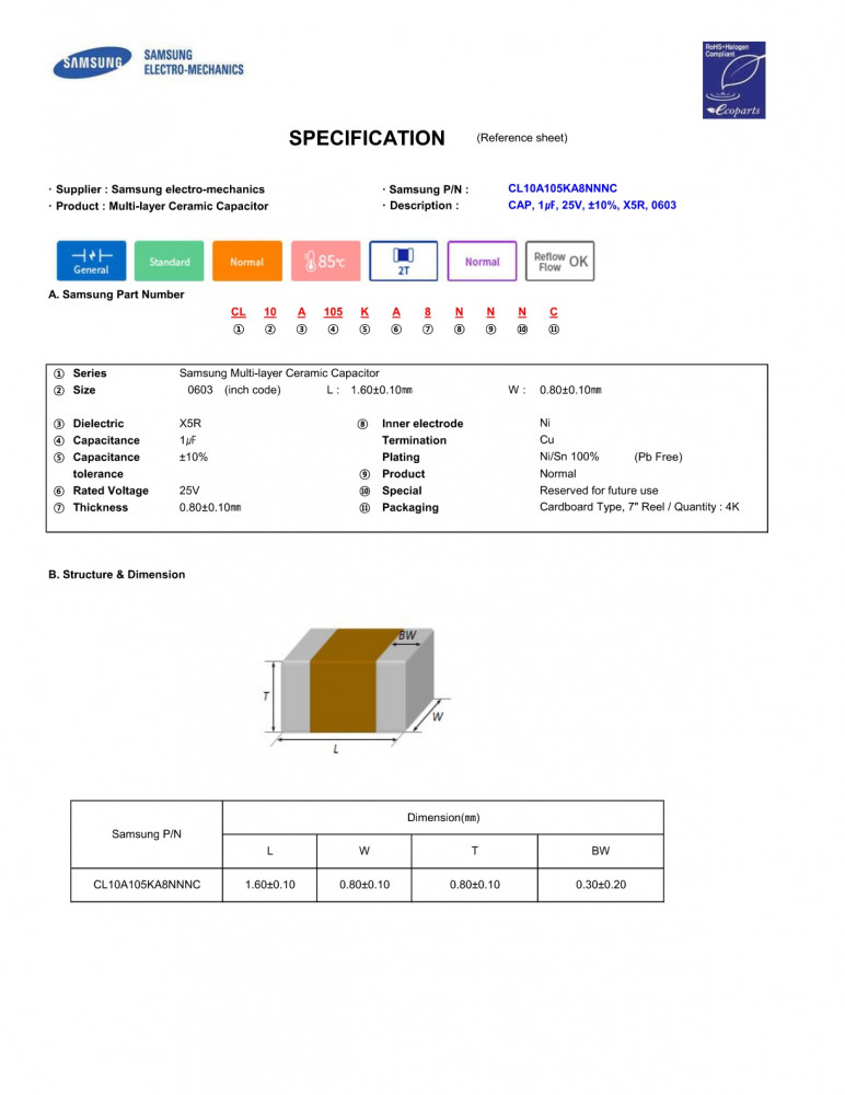 CL10A105KA8NNNC technical document page 1