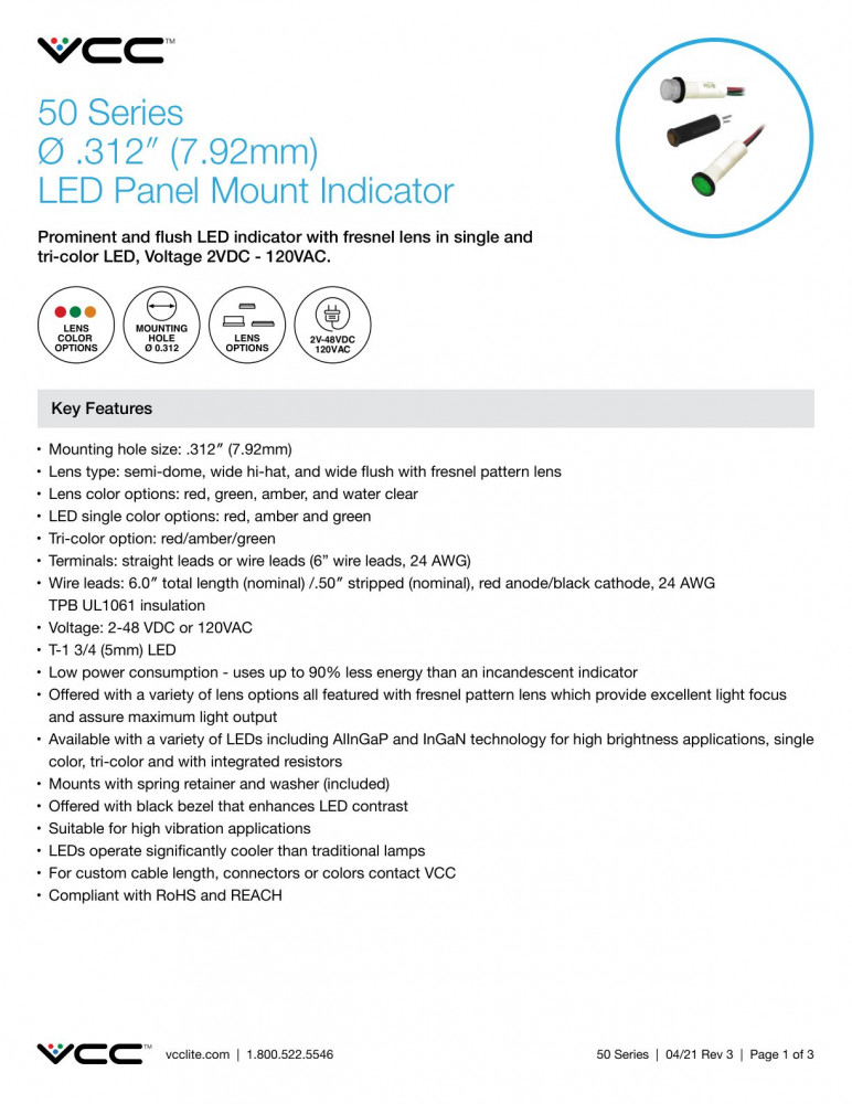 VCC 50 Series LED panel mount indicator technical document, page 1