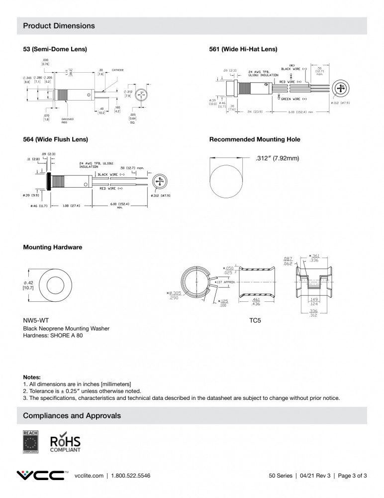 VCC 50 Series LED panel mount indicator technical document, page 3