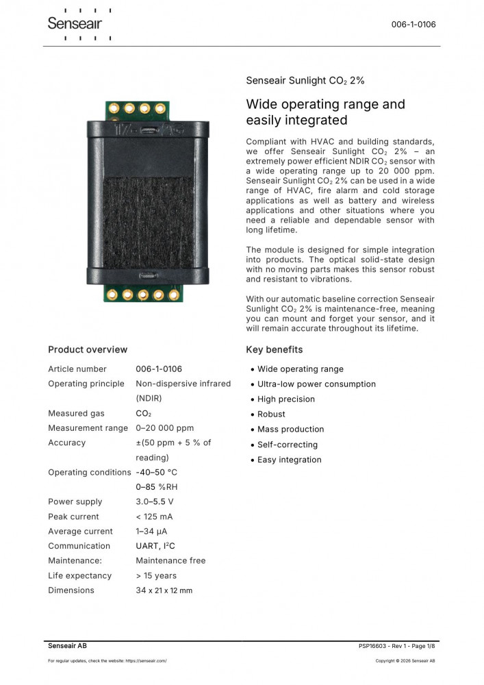 Senseair Sunlight CO2 2% datasheet page 1