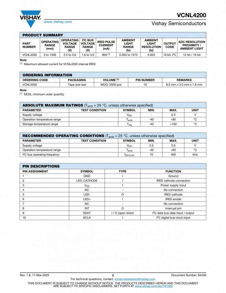 VCNL4200 datasheet page 2