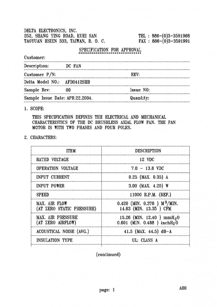 AFB0412SHB specification page 1