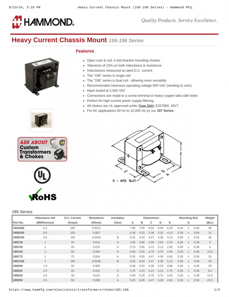 Hammond 195-196 series technical document page 1