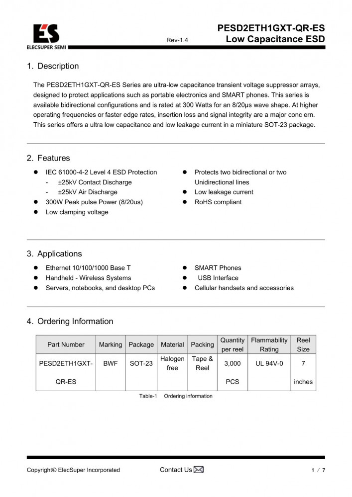 PESD2ETH1GXT-QR-ES datasheet page 1