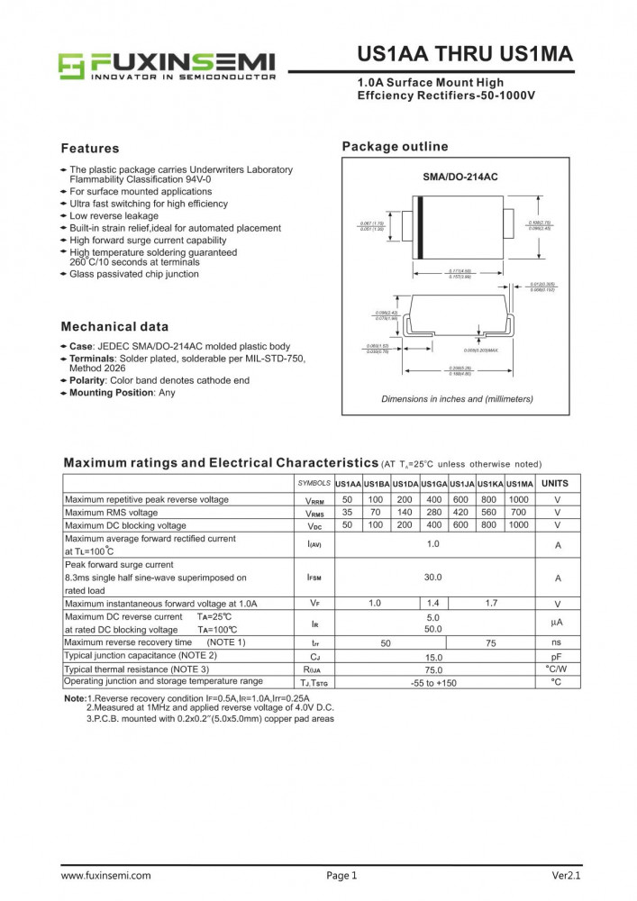 US1JA datasheet page 1