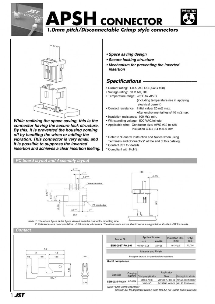 JST APSH connector datasheet page 1