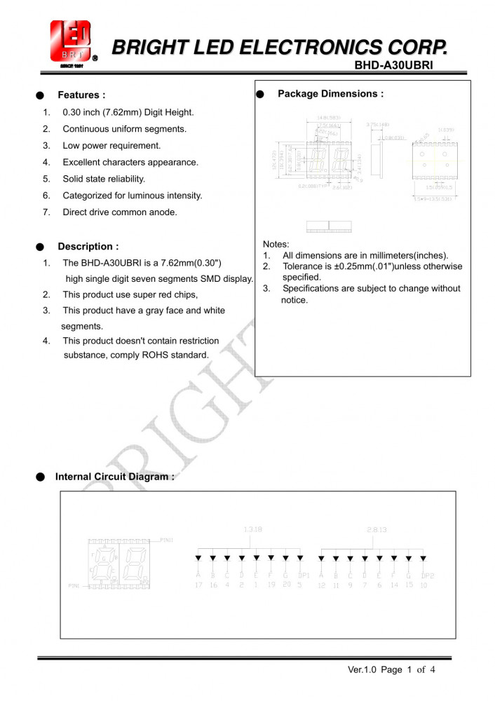 BHD-A30UBRI technical document, page 1