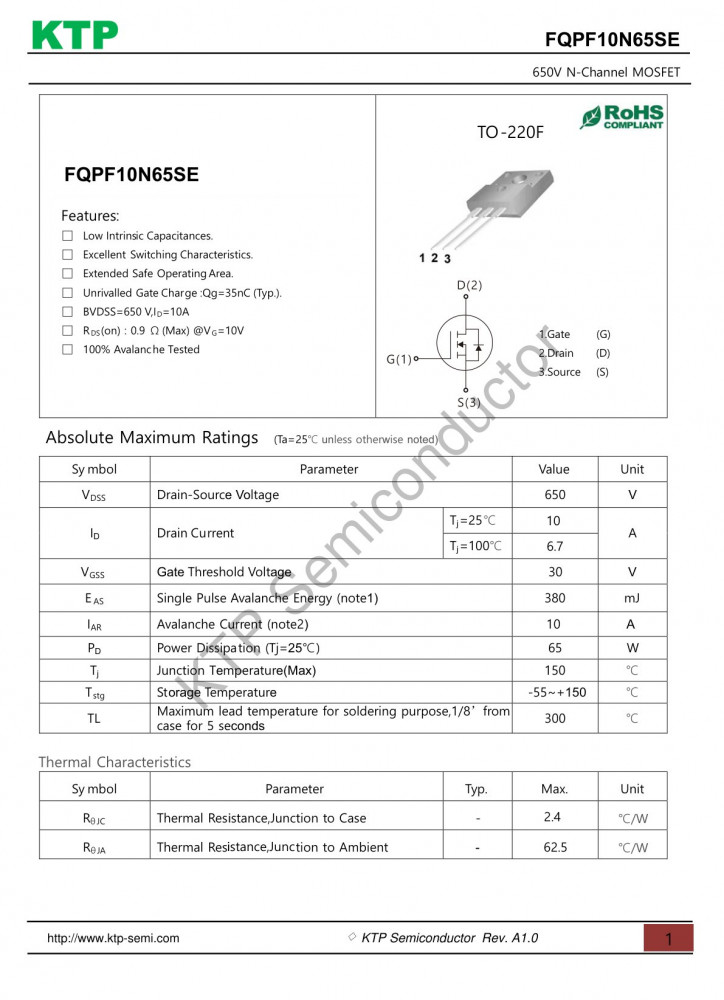 FQPF10N65SE datasheet page 1