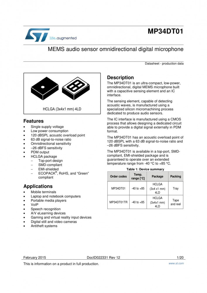 MP34DT01 datasheet page 1
