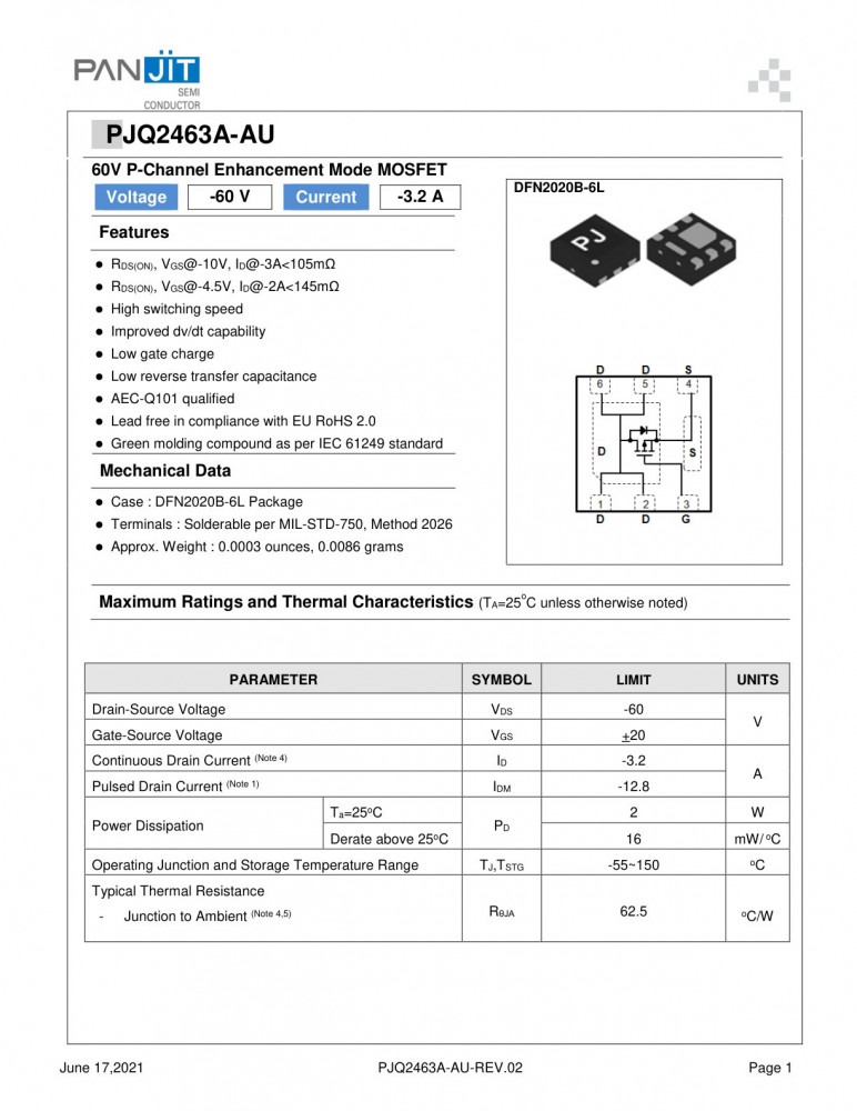 PJQ2463A-AU datasheet page 1