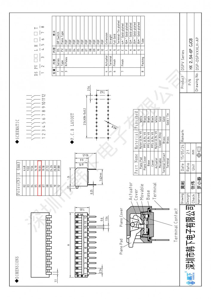 HX 2.54-6P CJCB technical document page 1