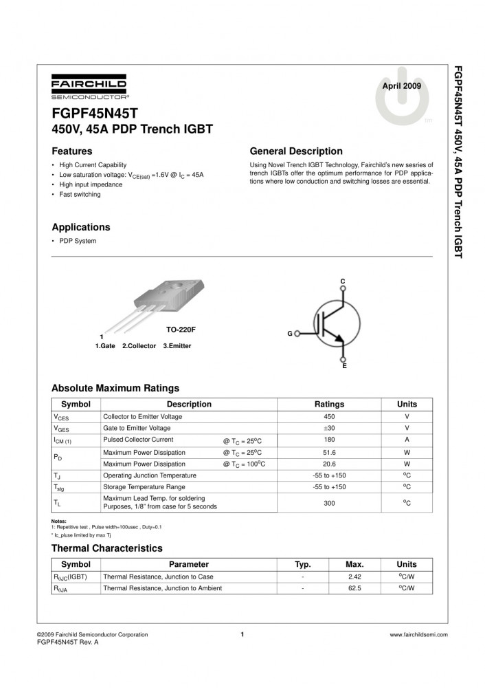 FGPF45N45TTU datasheet page 1