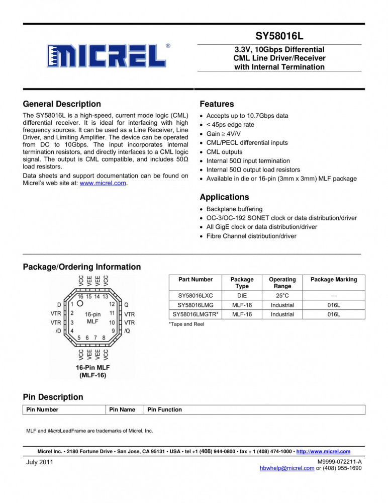 SY58016LMG datasheet page 1