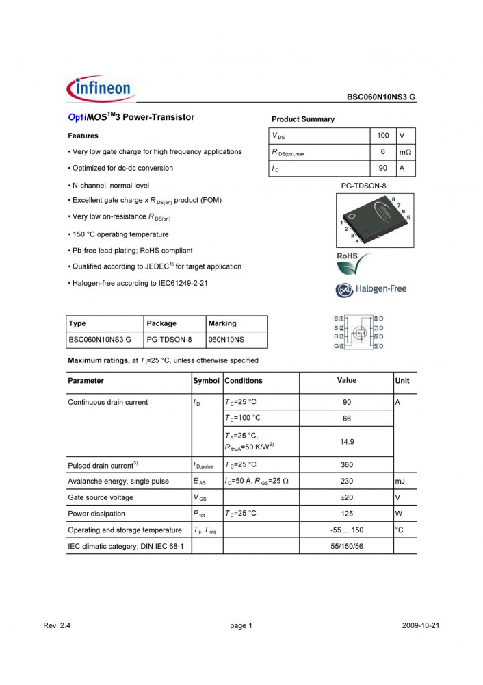 BSC060N10NS3G datasheet page 1