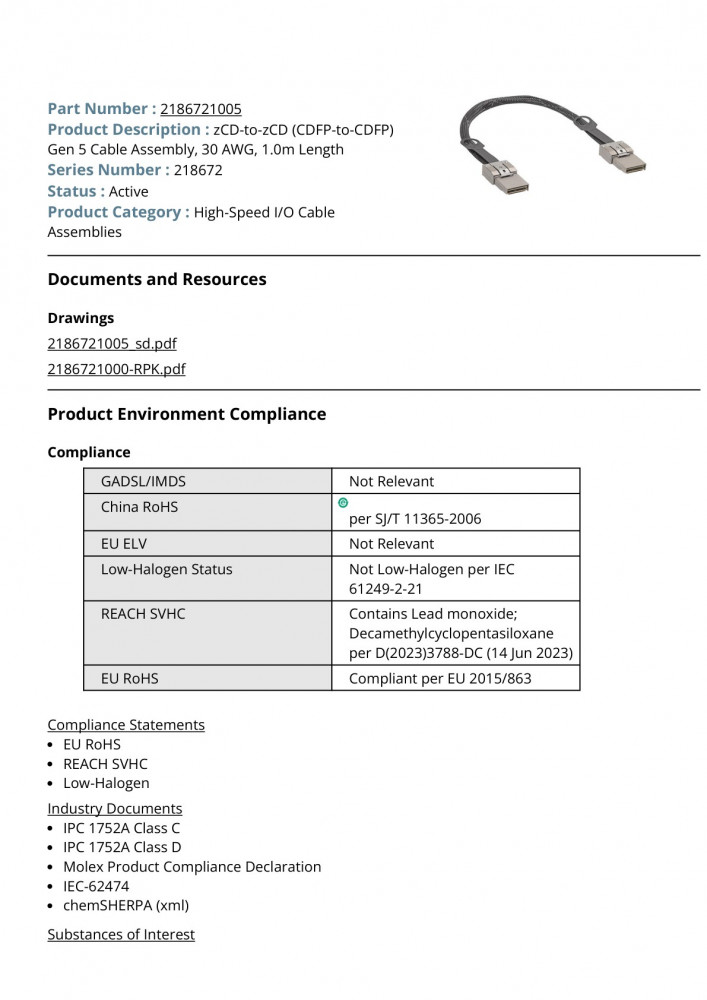 Technical document page 1 for MOLEX 2186721005