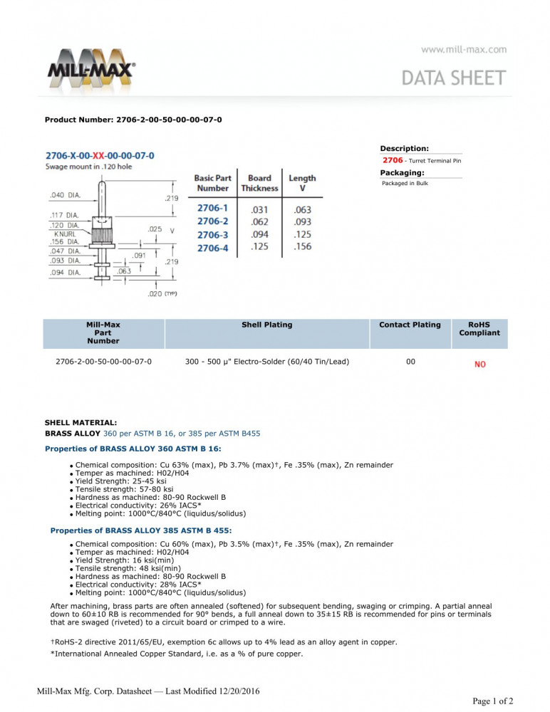 Mill-Max 2706 series technical drawing page 1