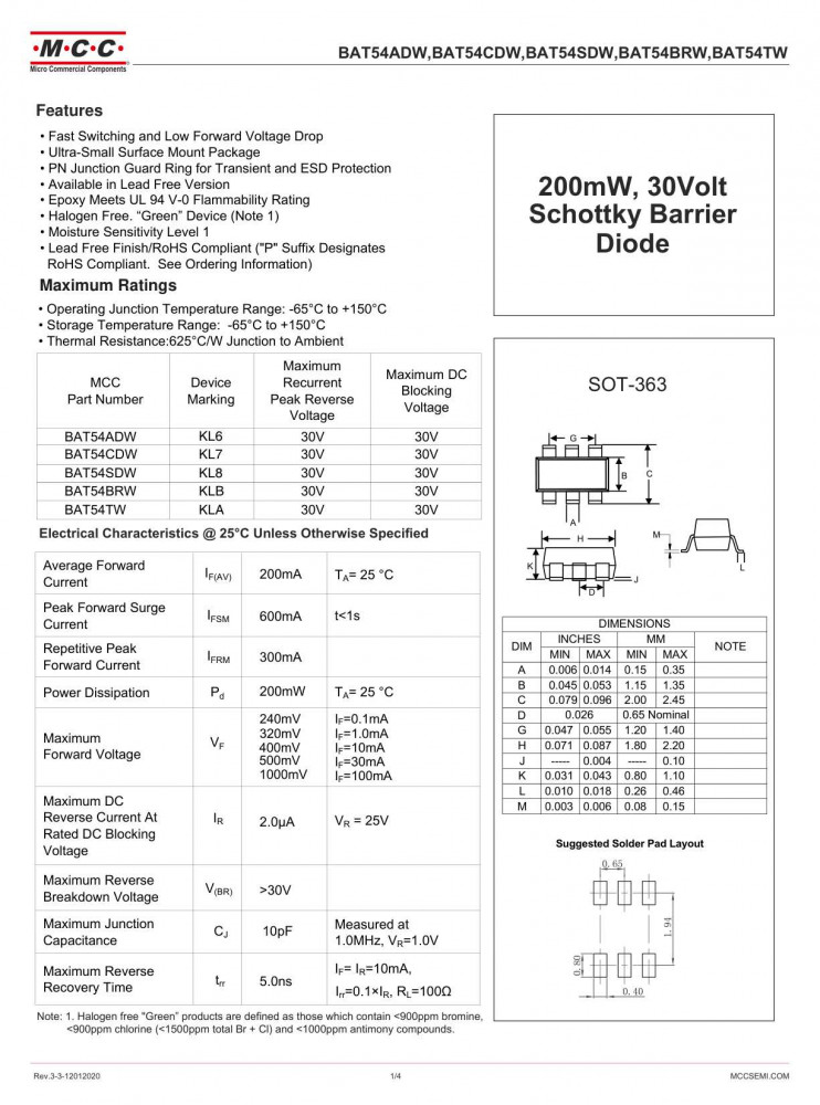 BAT54TW-TP technical document, page 1