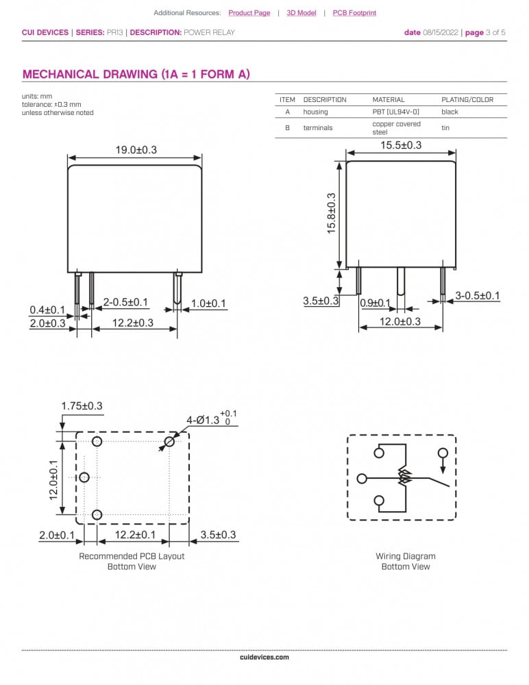 CUI PR13 relay datasheet page 3