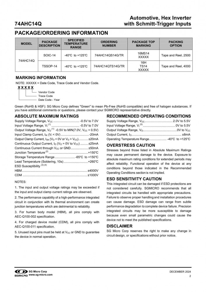 74AHC14Q datasheet page 2