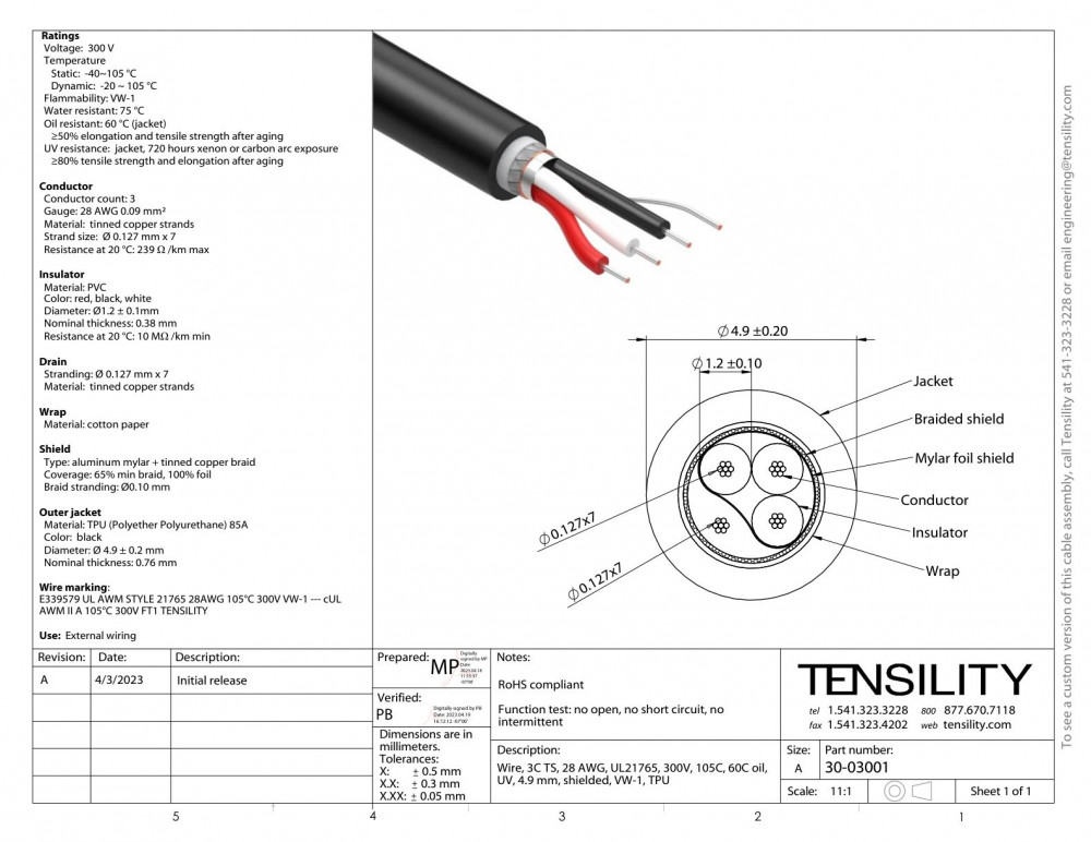 Tensility International 30-03001 cable product drawing