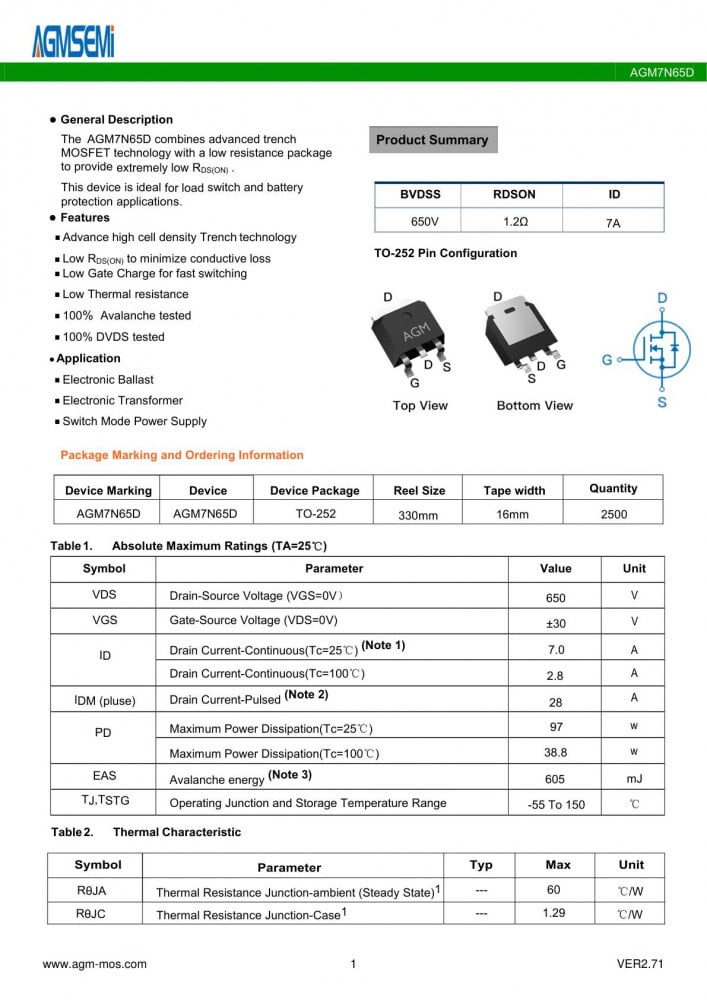 AGM7N65D datasheet page 1
