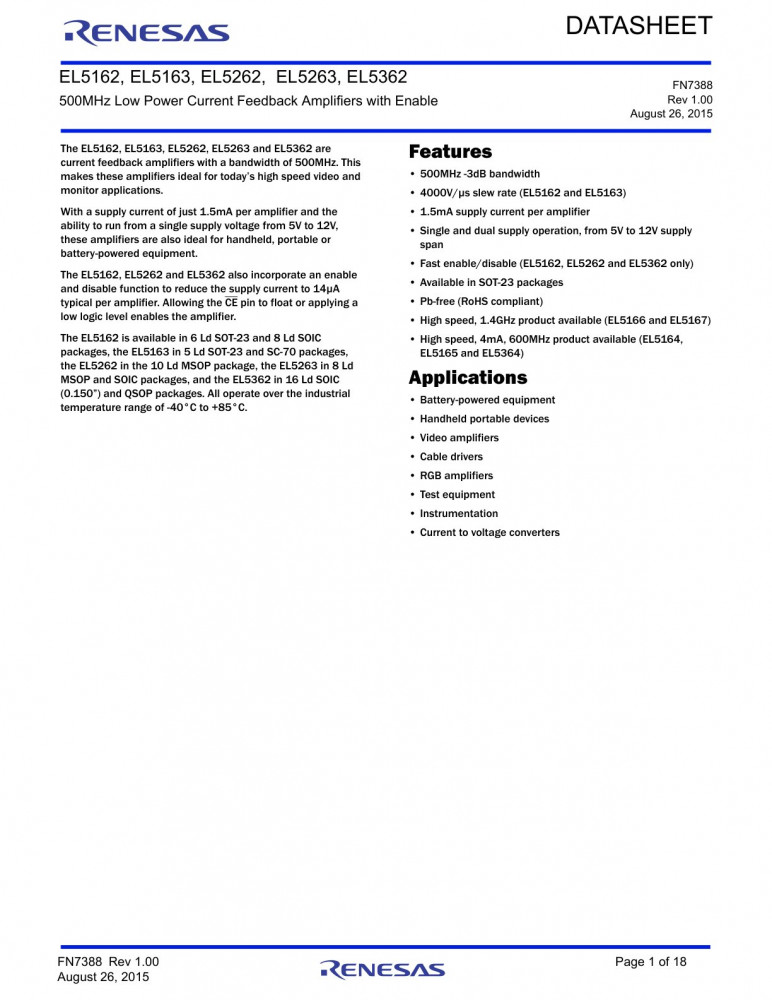 EL5263 family datasheet page 1