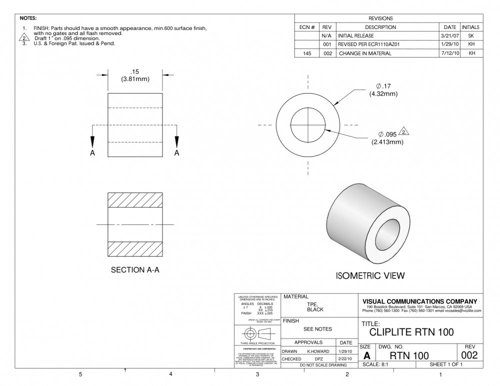 RTN 100 ClipLite mechanical drawing page