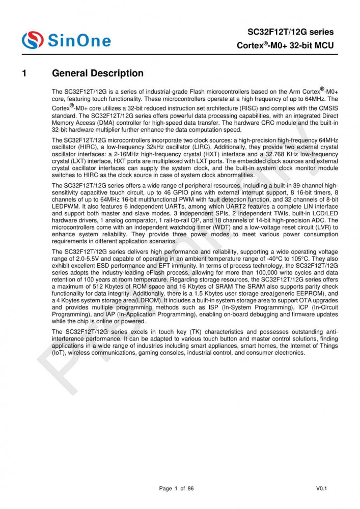 SC32F12 series datasheet page 1