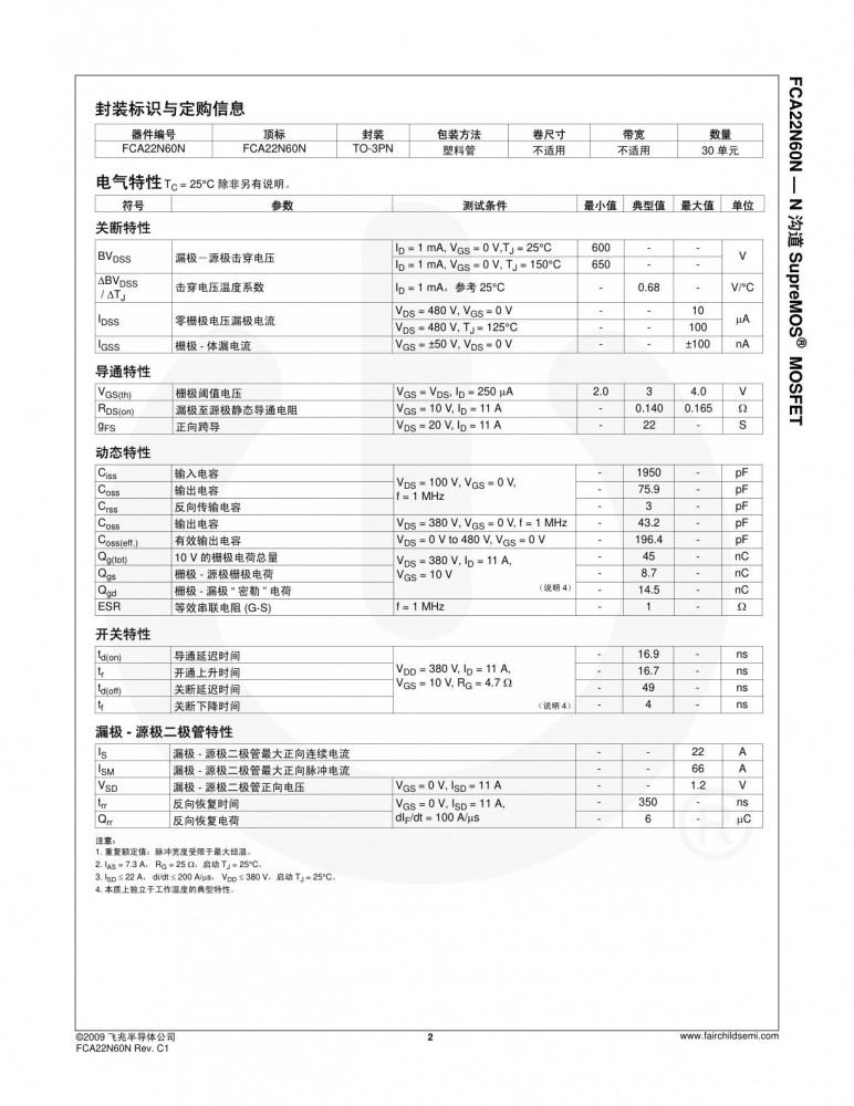 FCA22N60N datasheet page 2