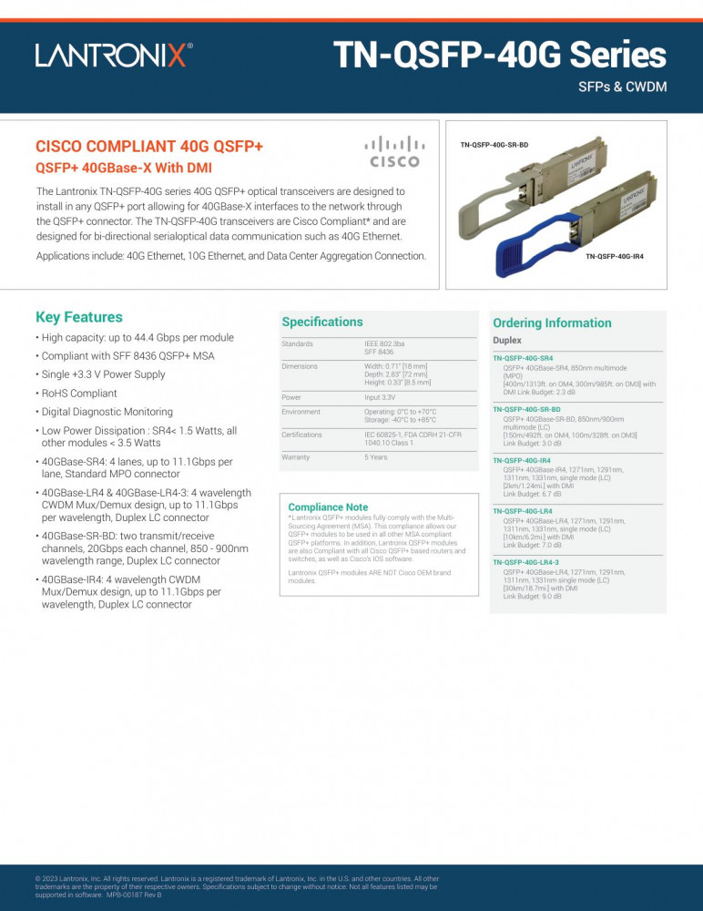 Lantronix TN-QSFP-40G Series product documentation page