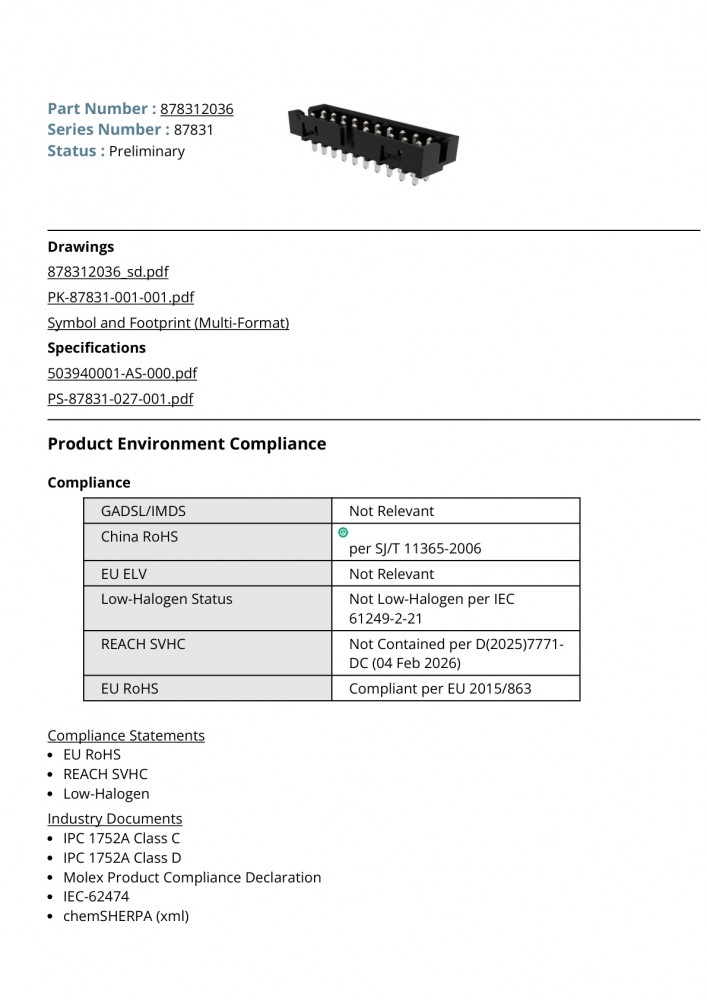 MOLEX 878312036 technical document page 1