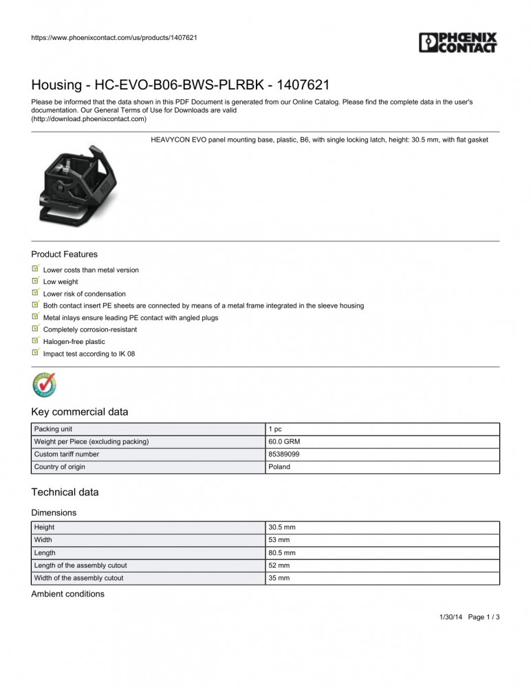 Phoenix Contact 1407621 product document page 1