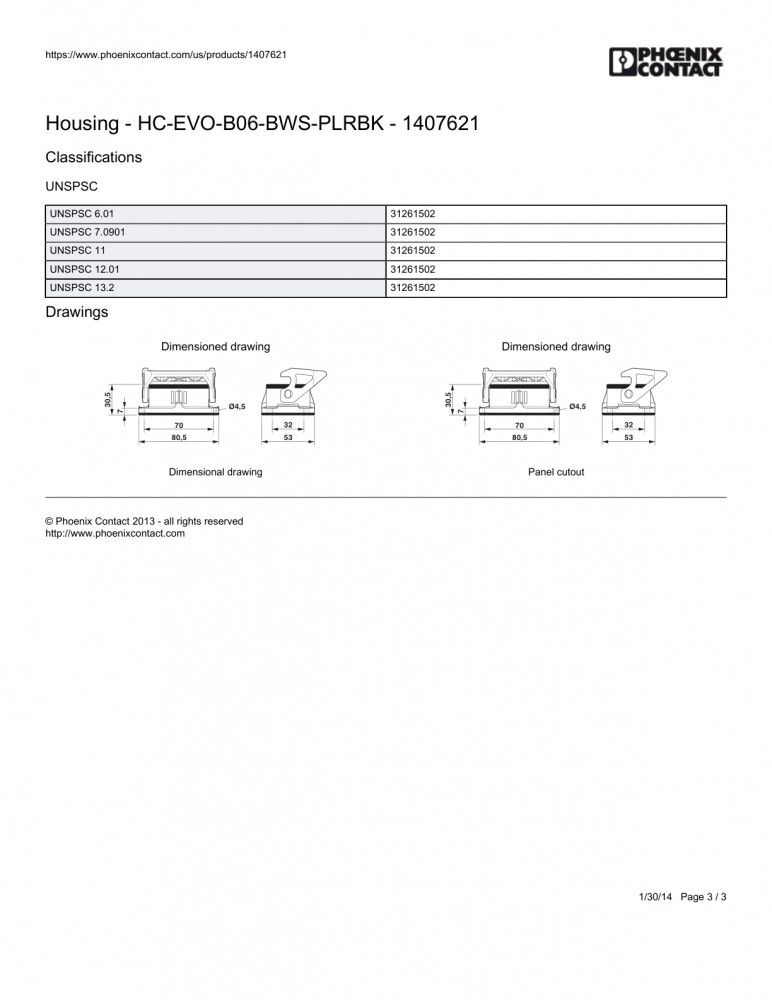 Phoenix Contact 1407621 panel cutout drawing