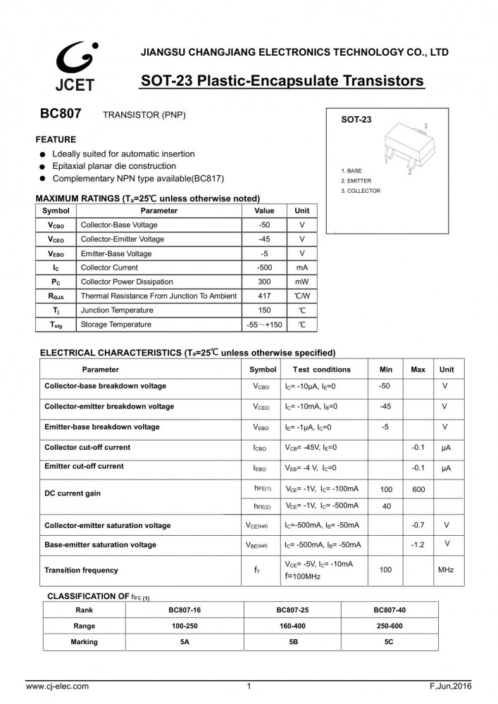 BC807-16 datasheet page 1