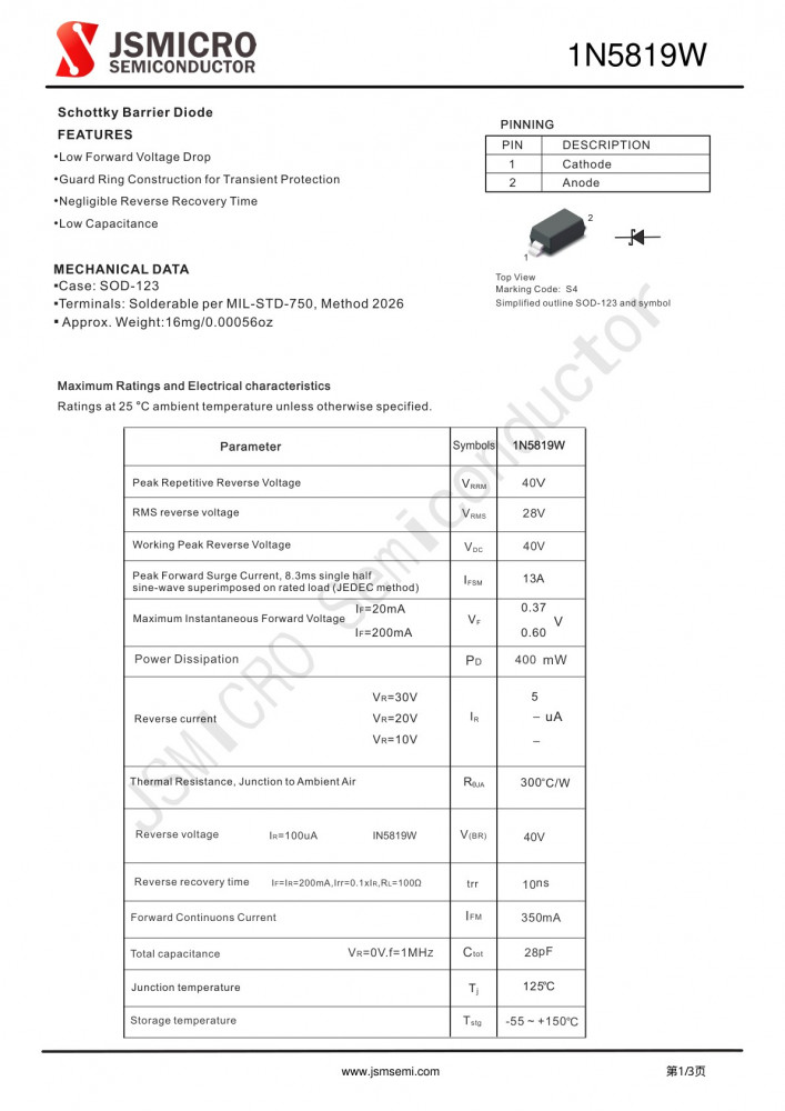 1N5819W datasheet page 1