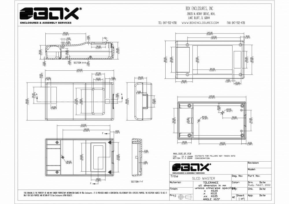 SLCD-017 mechanical drawing showing PCB maximum size information