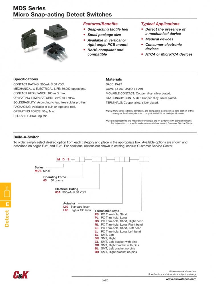 C&K MDS series datasheet page 1