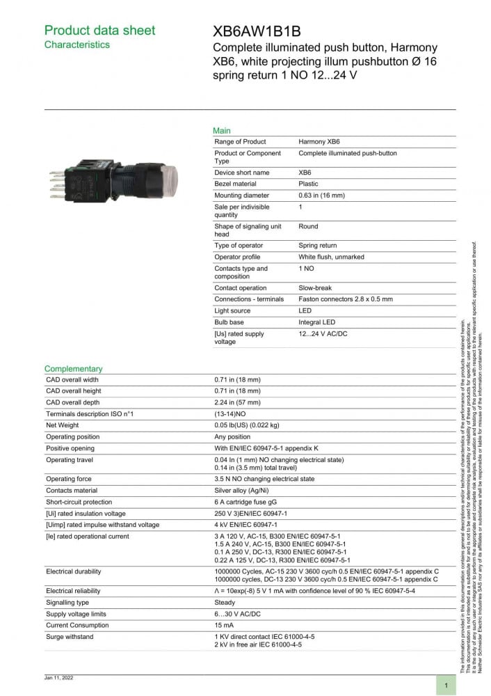 XB6AW1B1B technical document page 1