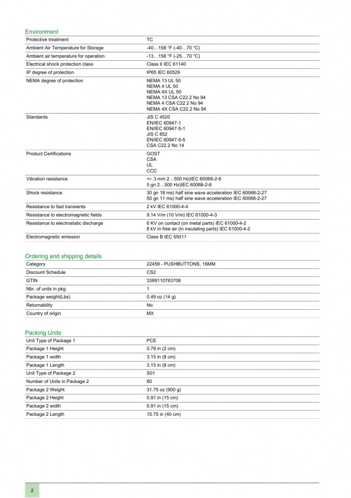 XB6AW1B1B technical document page 2
