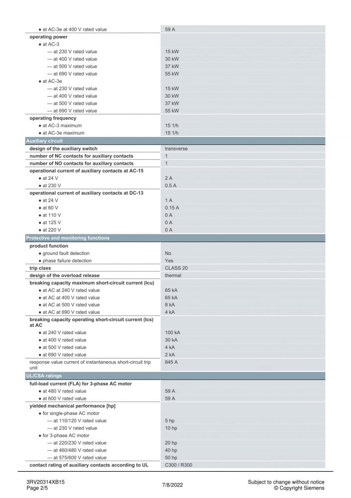 3RV20314XB15 datasheet page 2