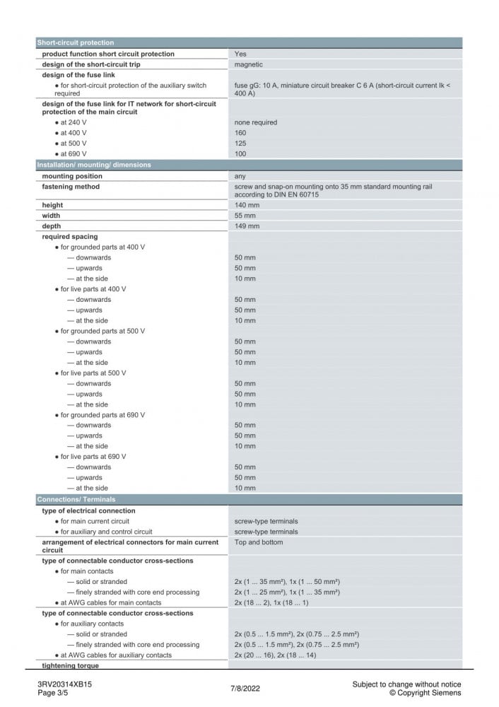 3RV20314XB15 datasheet page 3