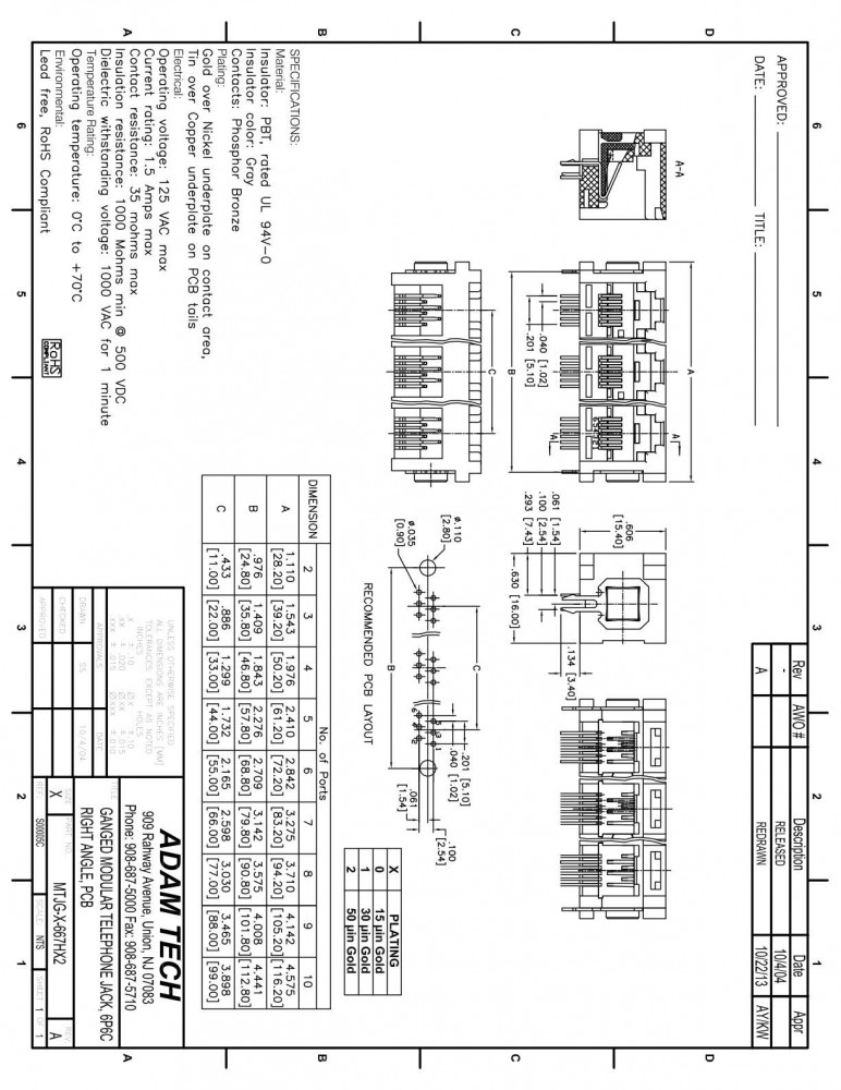 ADAM TECH MTJG modular jack dimensional drawing reference
