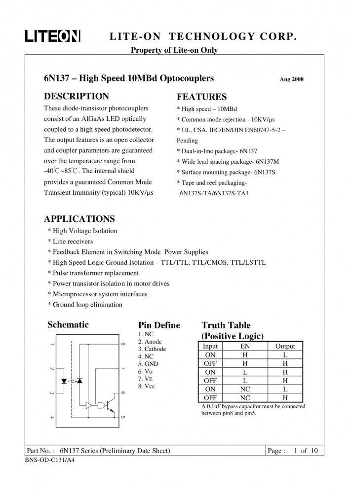 6N137 series datasheet page 1