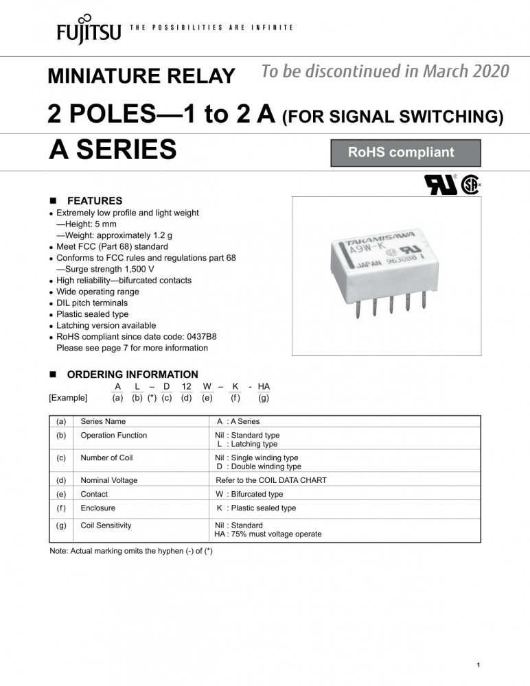 FUJITSU A Series relay datasheet page 1